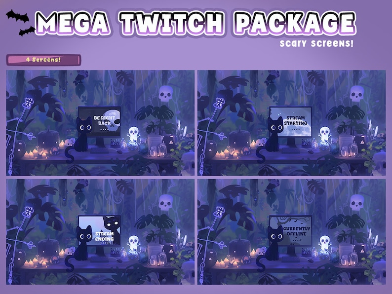 Animated Cat Stream Screens Black Twitch Pack Cute Dark Spooky ...