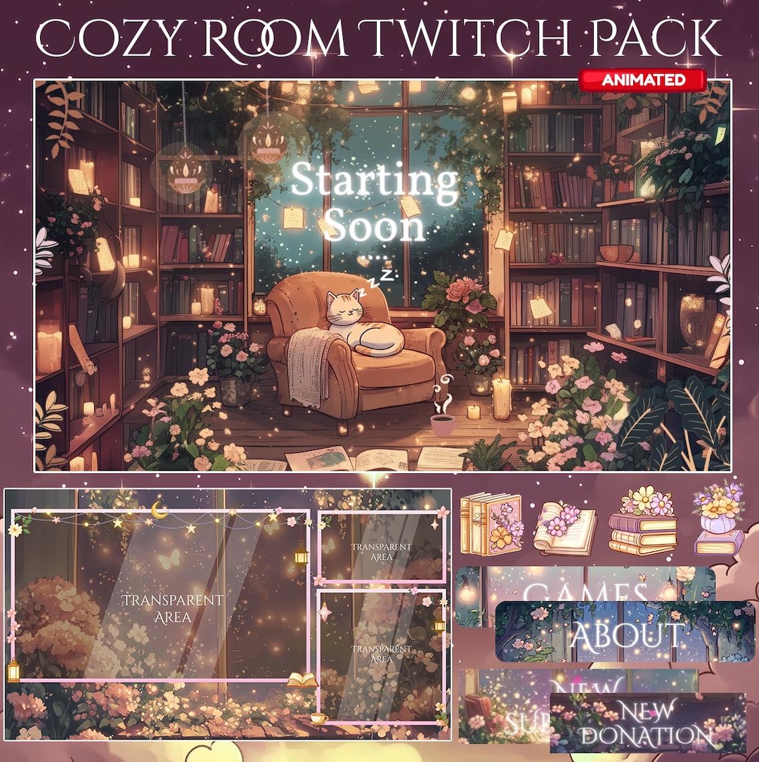 Cozy Cat Twitch Pack / Moon / Spring / Pastel / Cute / Overlay / Books ...
