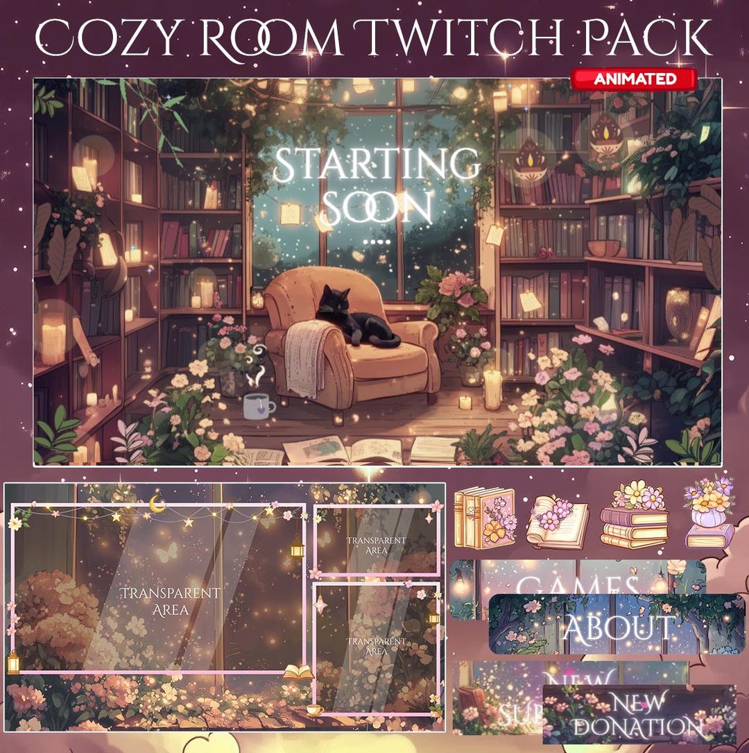Cozy Cat Twitch Pack / Moon / Spring / Pastel / Cute / Overlay / Books ...