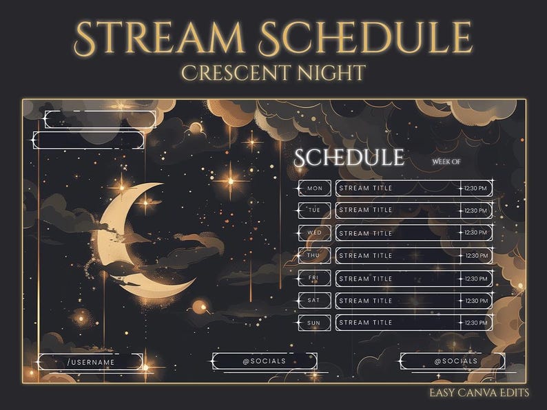 Crescent Night Stream Schedule Canva Template | Editable Twitch Schedule | Moon Star Overlay ...