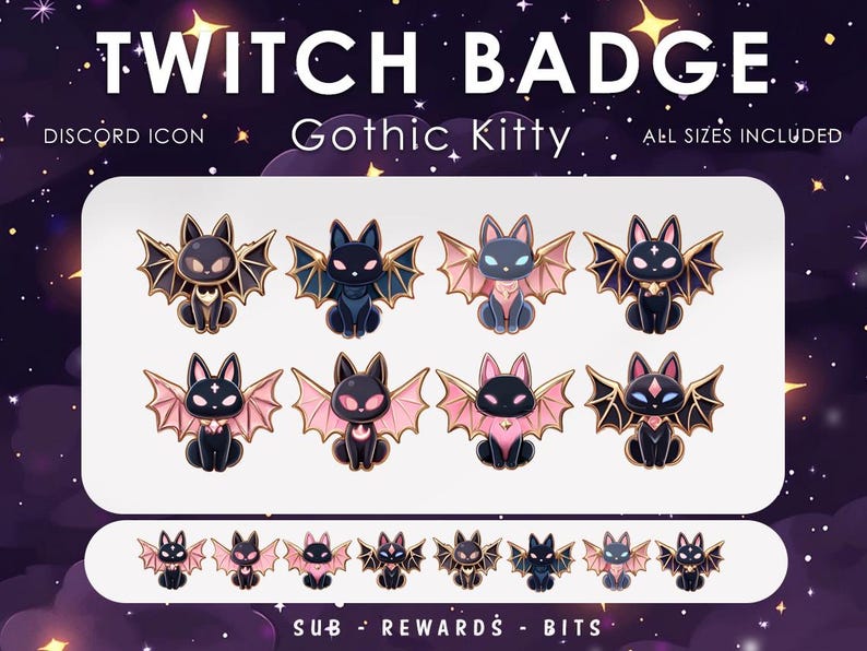 Gothic Cat Twitch Badges, Discord Icon, Vampire Bats, Black Cat Bats ...
