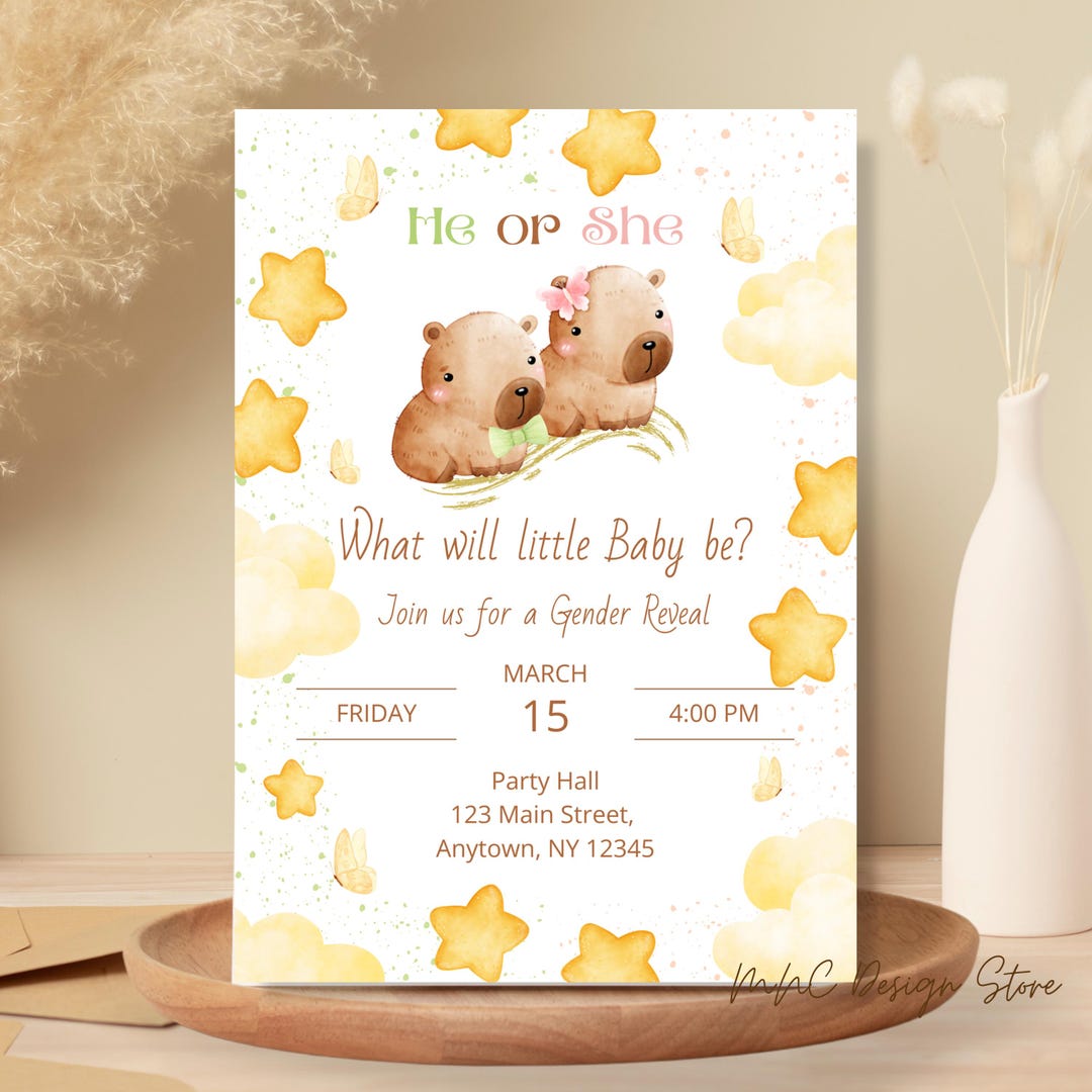 Capybara Gender Reveal Invitation, He or She, Green and Pink, Editable ...