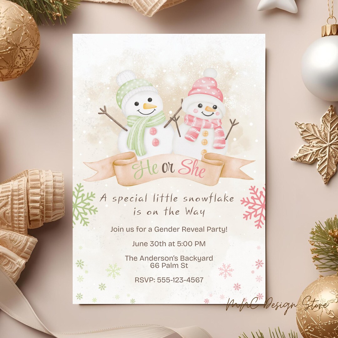 Winter Gender Reveal Invitation, Snowflake Gender Reveal, Snowman or ...