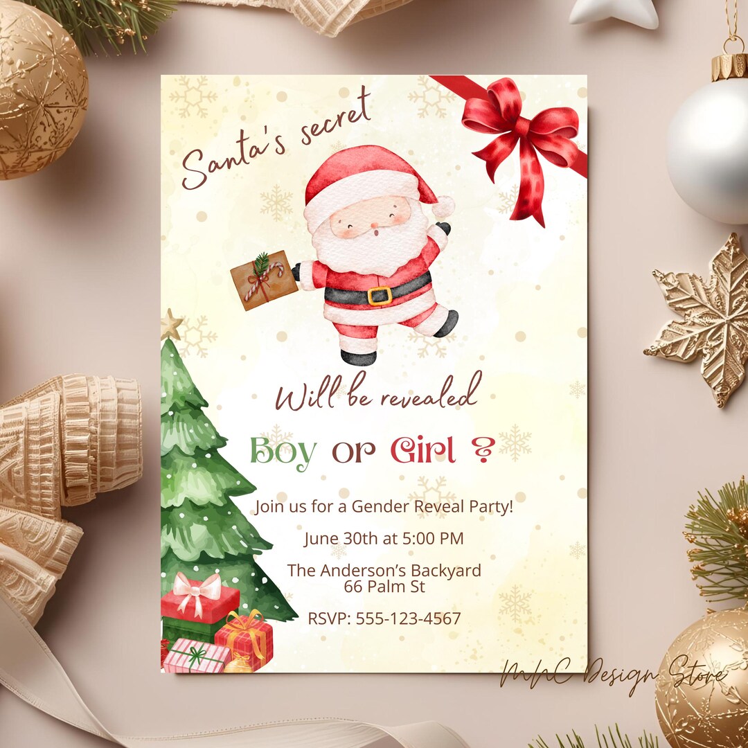 Christmas Gender Reveal Invitation, Santa Claus Gender Reveal, Santa’s ...