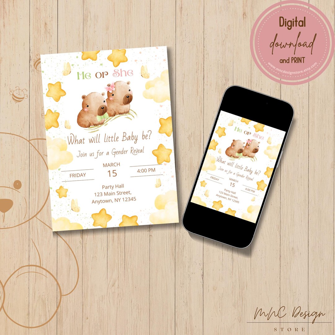 Capybara Baby Gender Reveal Invitation, He or She, Green and Pink ...
