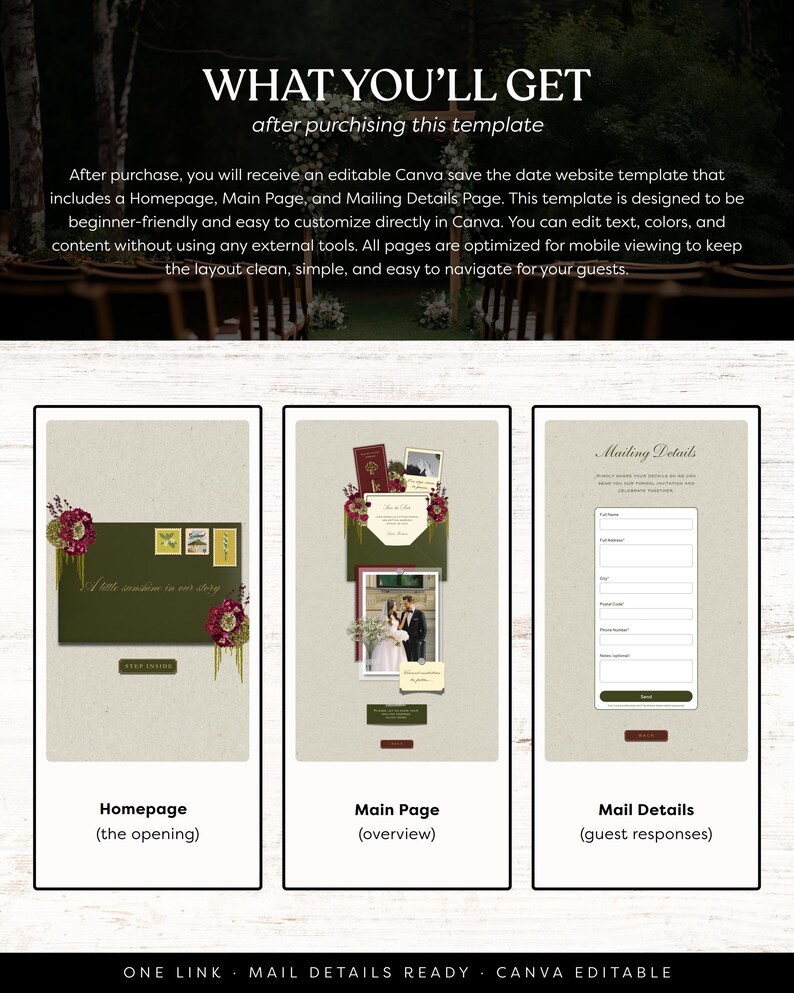 Deep Olive & Maroon Floral Wedding Save the Date Website Template ...