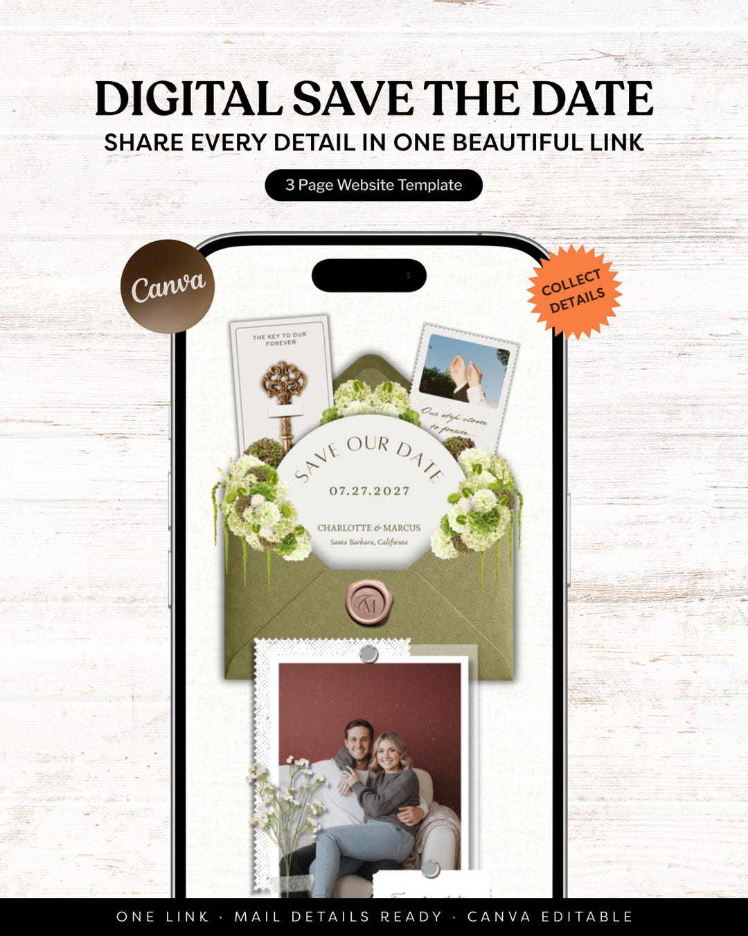 Floral Wedding Save the Date Website Template – Olive Green & Ivory ...