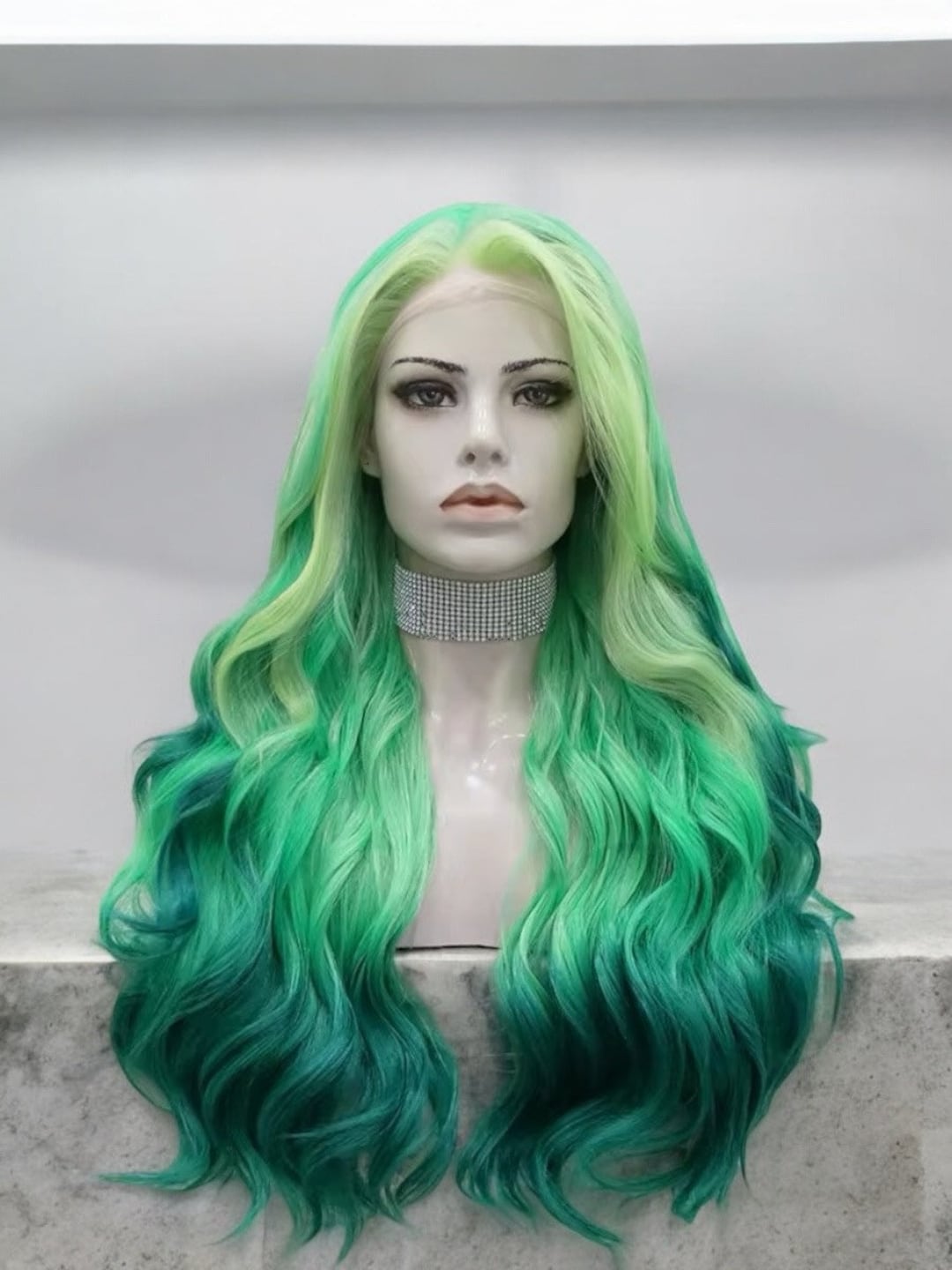 Long Lace Front Green Ombre Hair Wig | Long Body Wave Luxury Synthetic ...