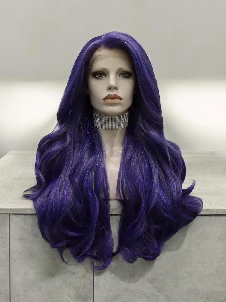 Long Purple Lace Front Hair Wig With Tinsel| Long Body Wave Synthetic ...