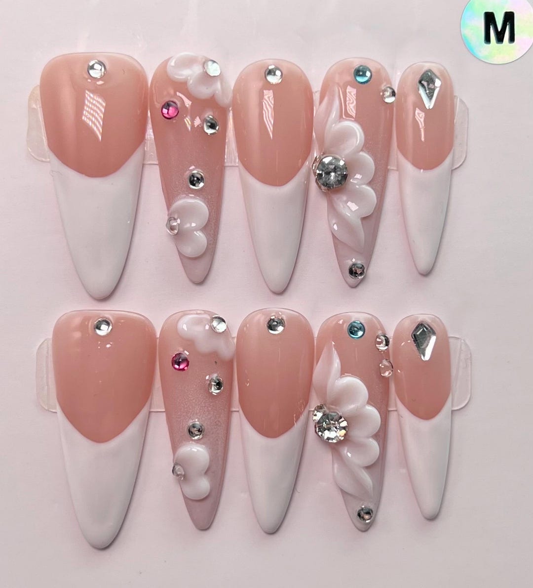 Long Stiletto 3D Flower French Tip Nails, 3cm Press on ,sz M - Etsy