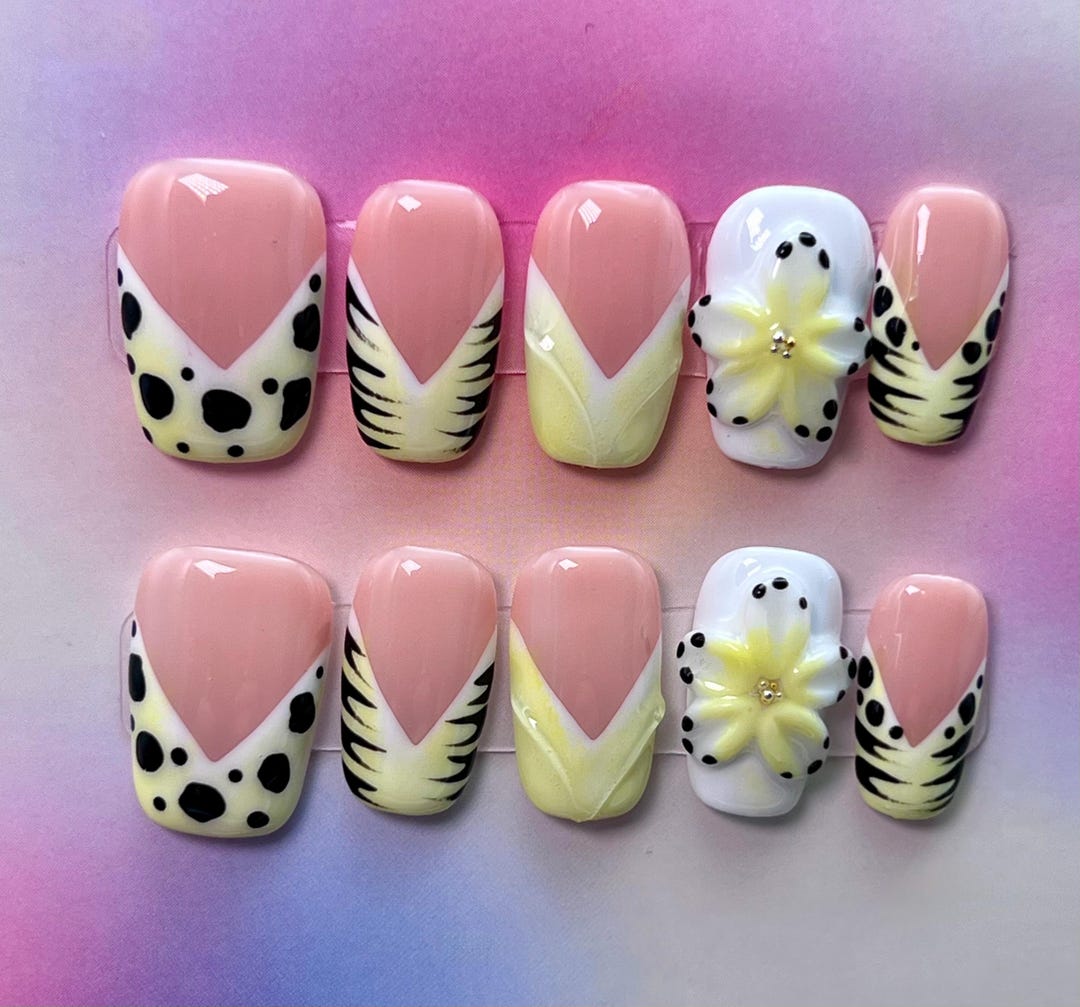 Short Square Yellow 3D Flower French Tip Nails, 2cm Press on Sz M Good ...