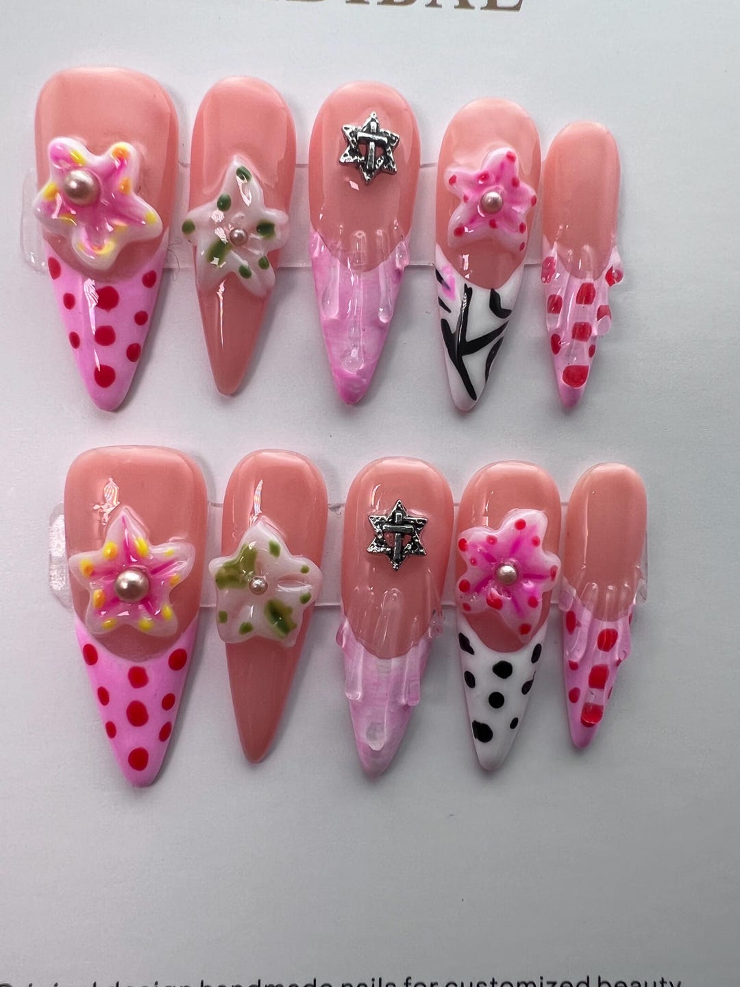 Xlong 3cm Stiletto 3D Flower Nails Press on Sz M Good Quality Handmade ...