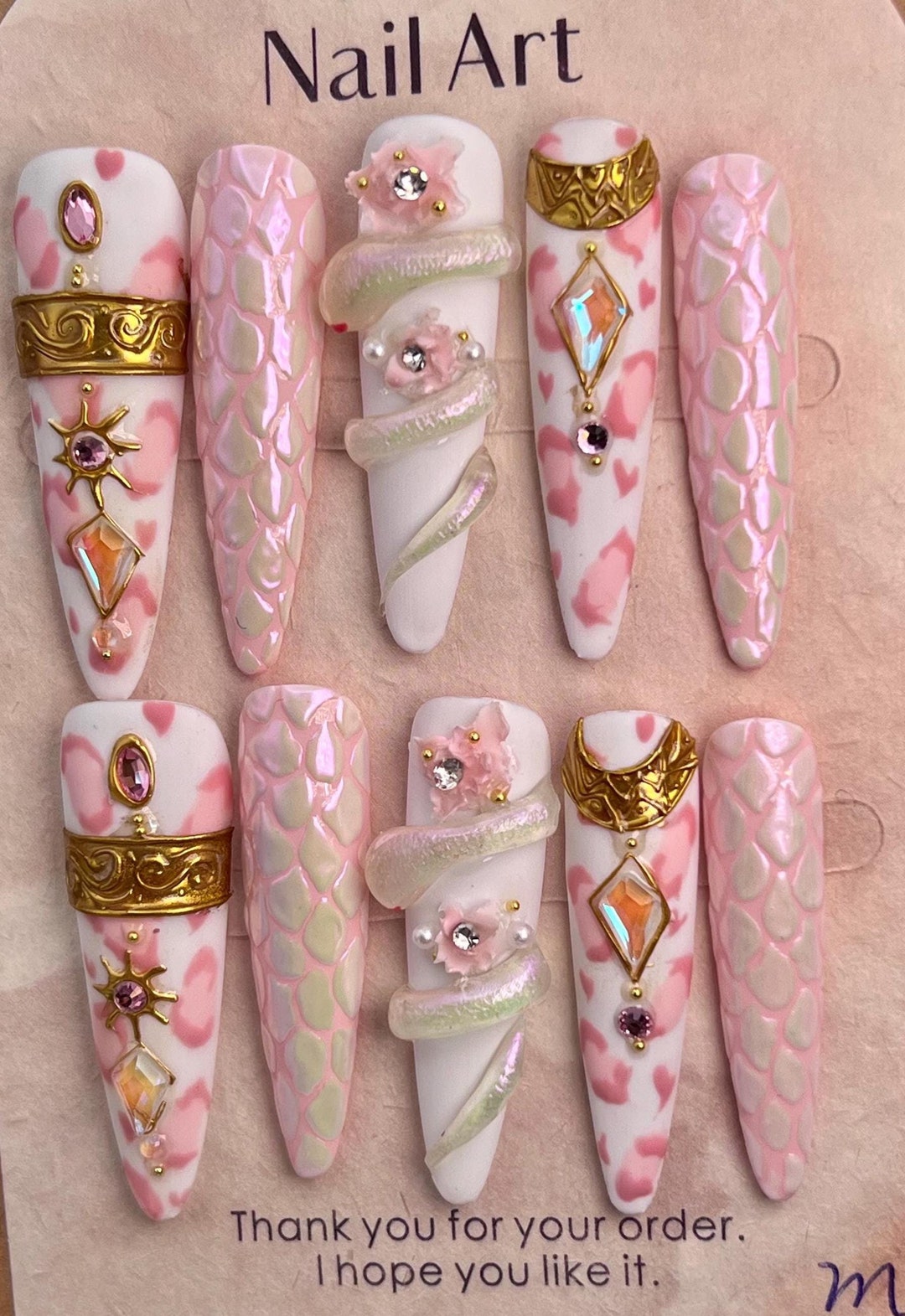 XX Long Snake Pink Stiletto Nails Press On, Sz M, High End Quality ...