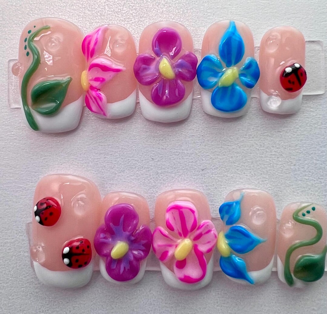 Sweet Lady Bug French Tip Nails, 2cm , Press On, Sz M, Good Quality ...