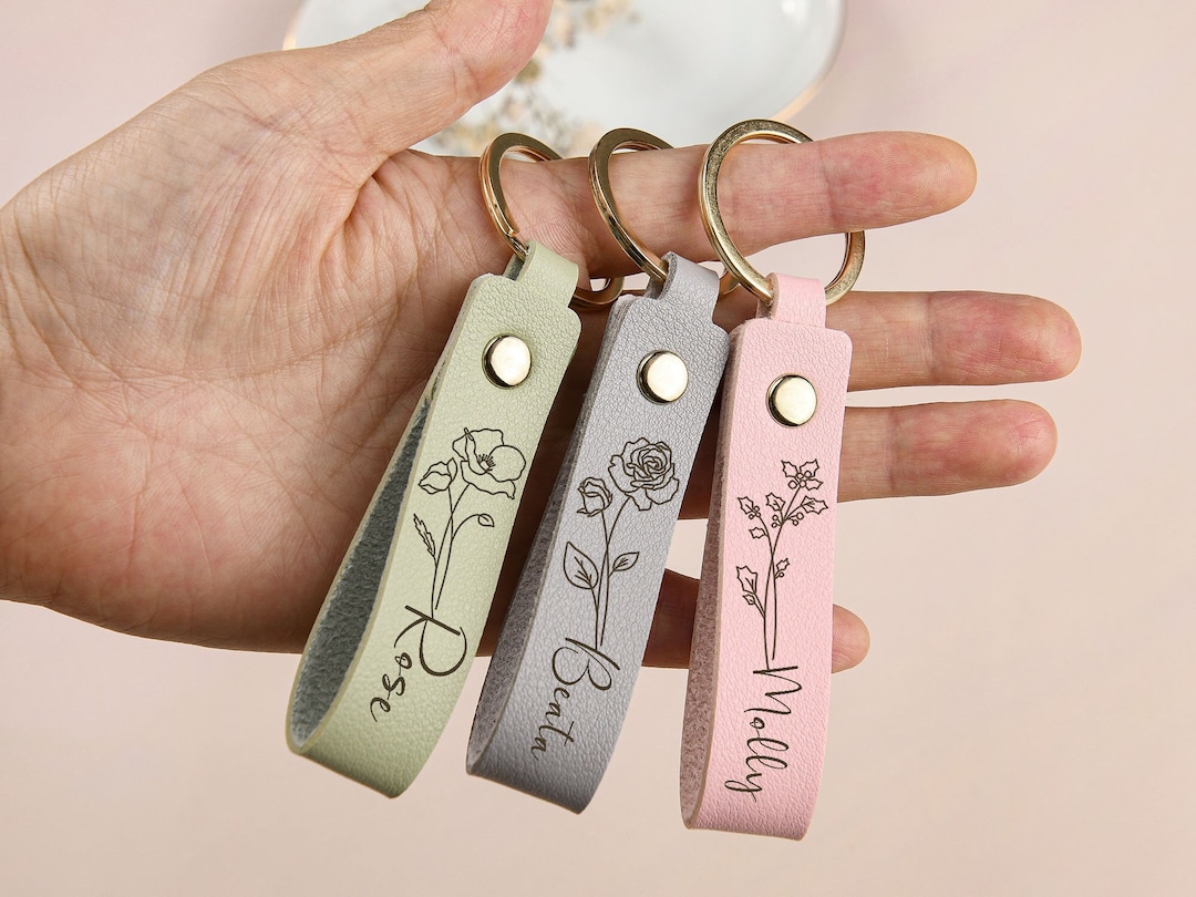 Leather Keychain Personalized,custom Birth Flower Keyring,name Key Chain,bag Tags,gift for Women ...