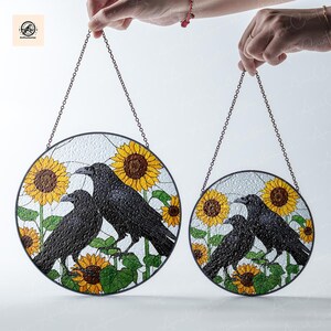 Black Raven Couple Among Sunflower GLASS Suncatcher, Raven Couple Decor ...