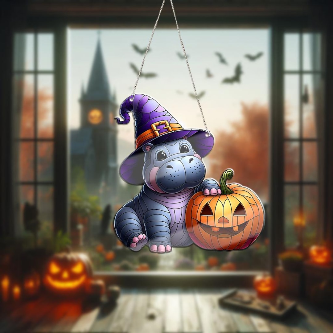 Kute Hippo With Pumpkin ACRYLIC Window Hanging, Halloween Hippo Decor ...