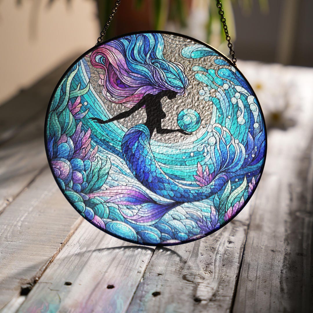 Mermaid GLASS SUNCATCHER, Mermaid Window Hanging, Ocean Mysterious ...