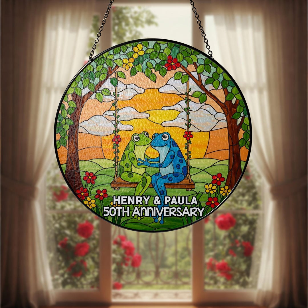 50th Anniversary Frog Couple on Swing Glass Suncatcher, Romantic ...