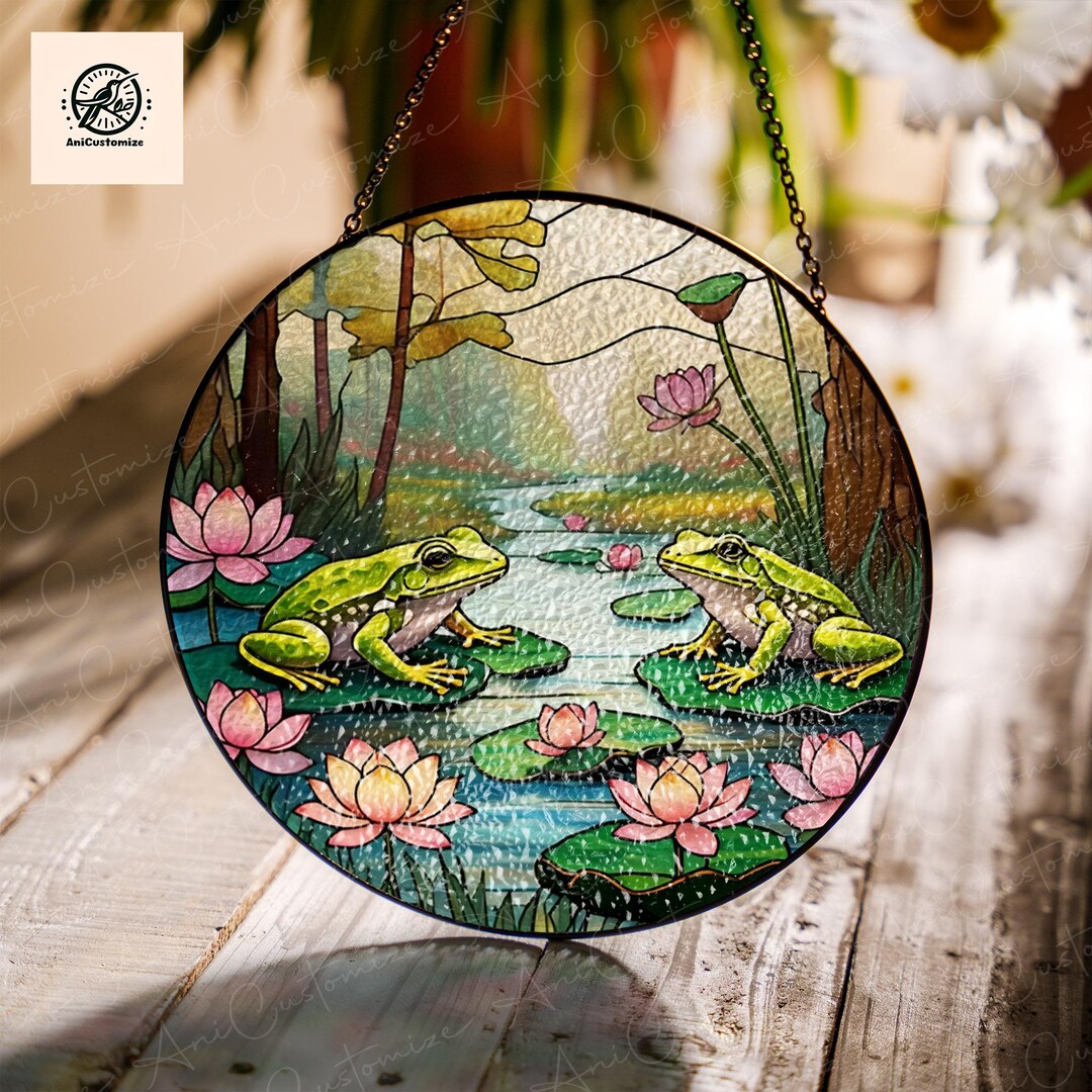 Frog Couple Among Lotus Flower GLASS Suncatcher, Frog Couple Decor ...