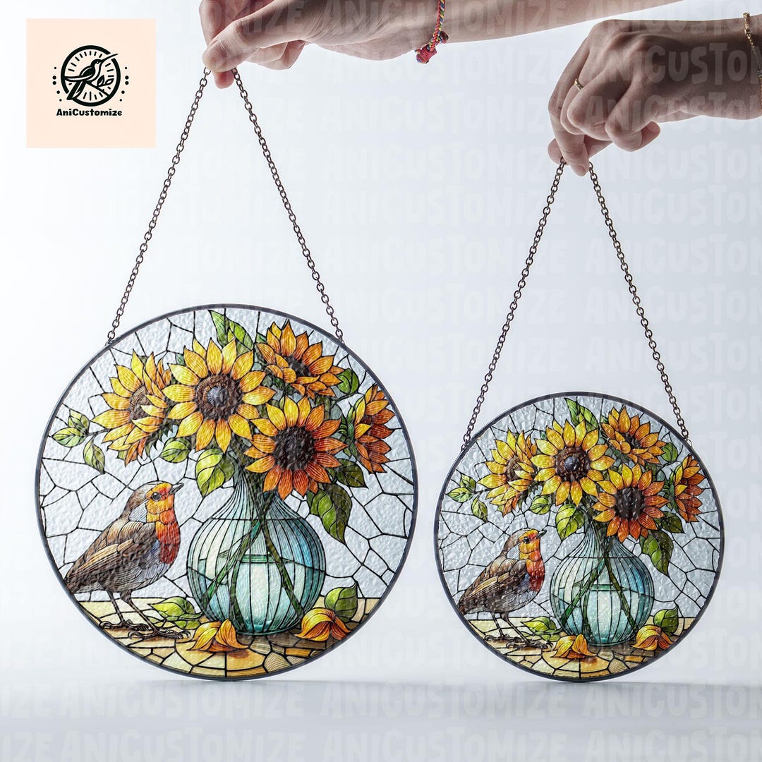 American Robin With Sunflower GLASS , Bird and Flower, Sunflower Decor ...