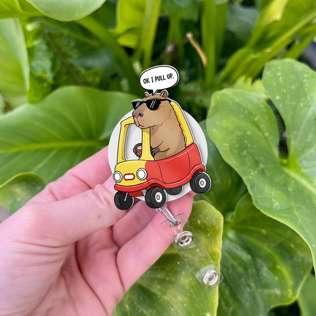 Capybara Road Rage Badge Reel, Capybara Driving Car Ok I Pull up Badge ...