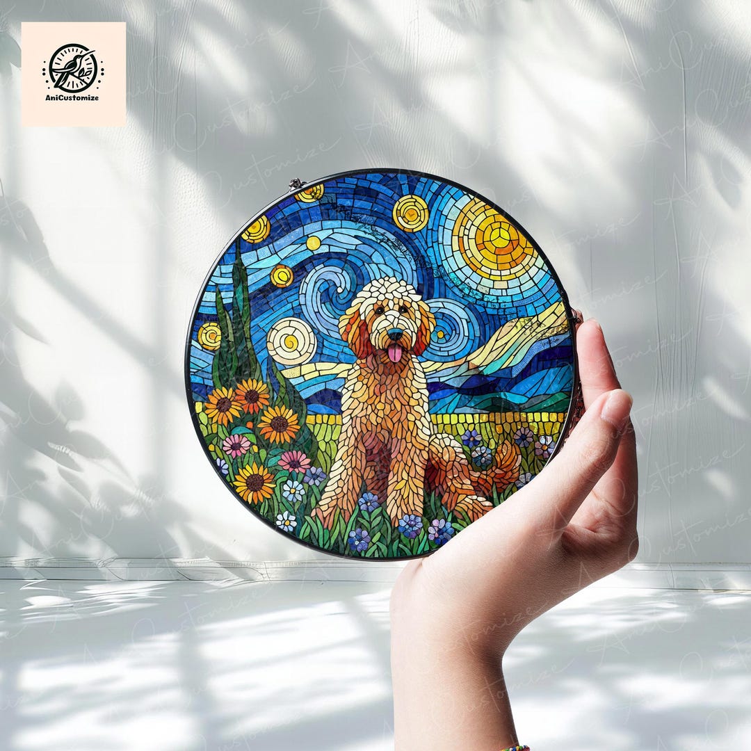 Golden Doodle Among Starry Night GLASS Suncatcher, Dog in Starry Night ...