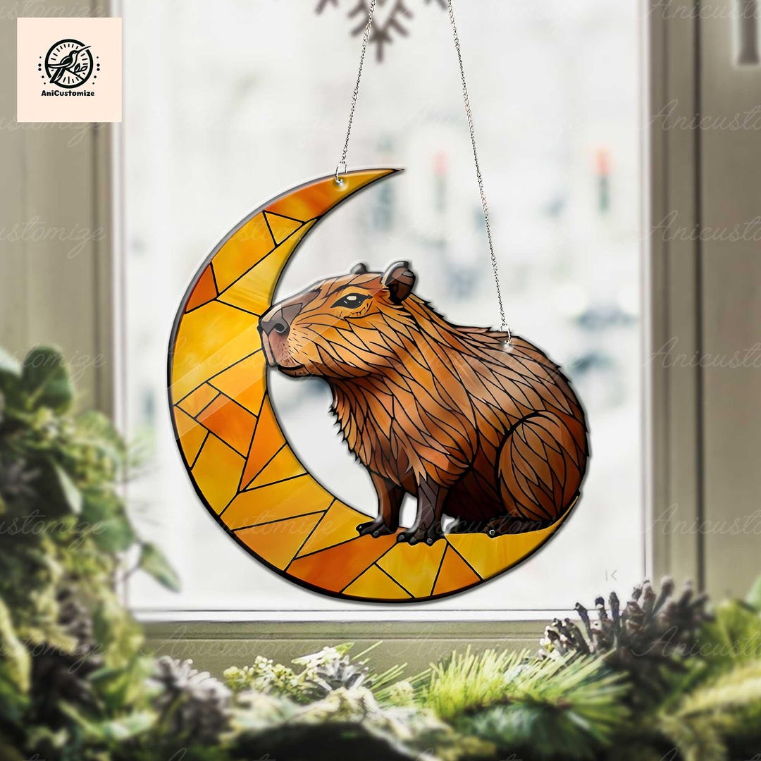 Capybara on Crescent Moon ACRYLIC Window Hanging, Capybara Lover Decor ...