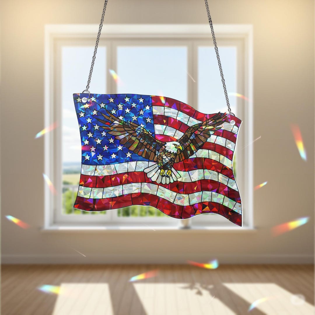 Bald Eagle American Flag Window Hanging, Patriotic Holographic ...
