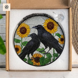 Black Raven Couple Among Sunflower GLASS Suncatcher, Raven Couple Decor ...