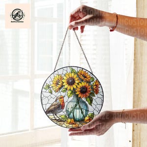 American Robin With Sunflower GLASS , Bird and Flower, Sunflower Decor ...