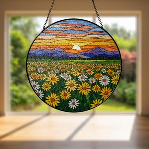 Daisy Flower Field Glass Suncatcher, Floral Window Decor, Garden Sun ...