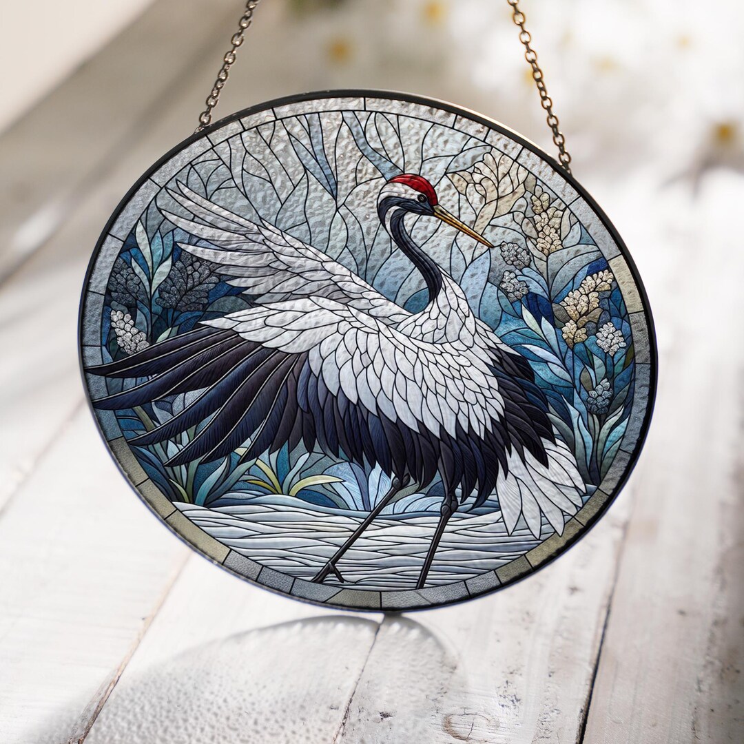 Japanese Crane Stained Glass Art, Crane Glass Suncatcher, Birthday Gift ...