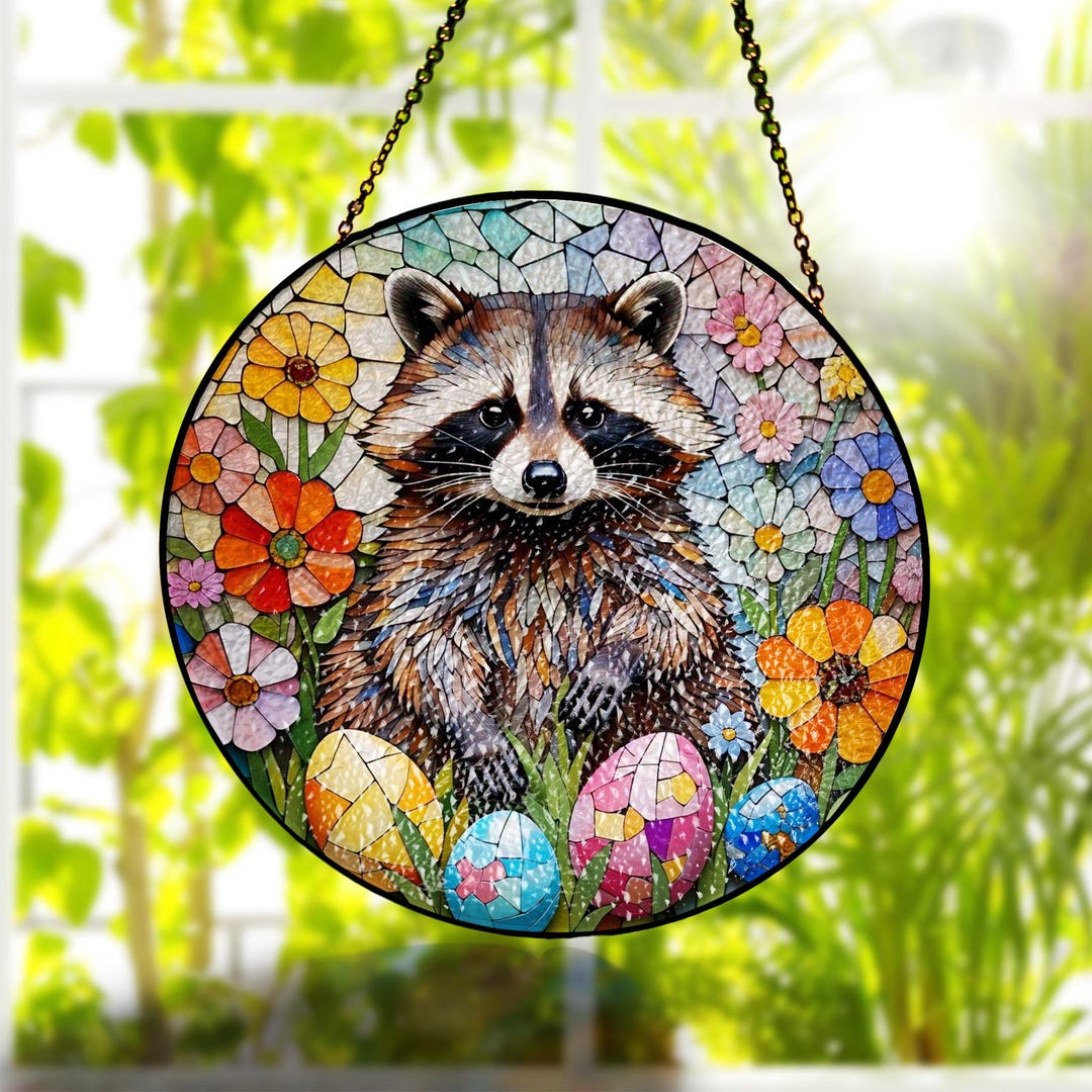 Easter Raccoon GLASS Suncatcher, Raccoon and Easter Eggs Decor, Raccoon ...