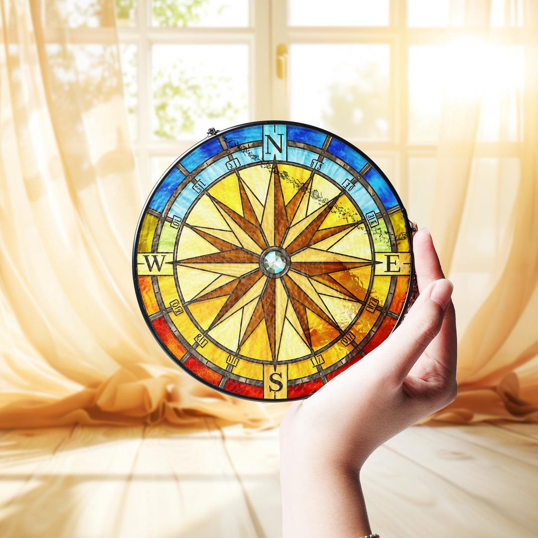 Compass Rose Glass Window Hanging, Nautical Style Suncatcher, Home ...