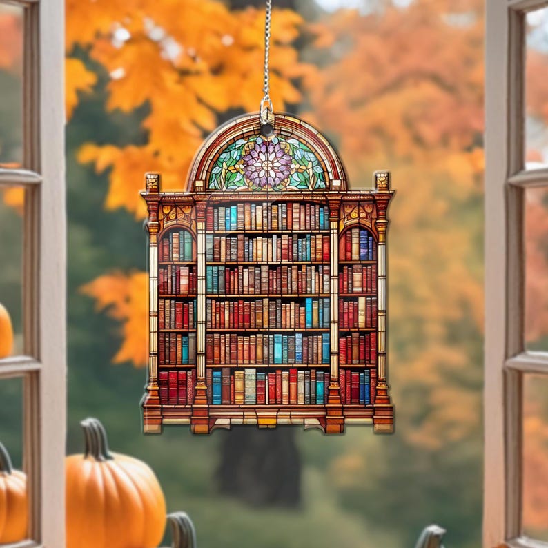 Acrylic Library Window Hanging, Book Lover Gift, Stained Glass, Bookish ...