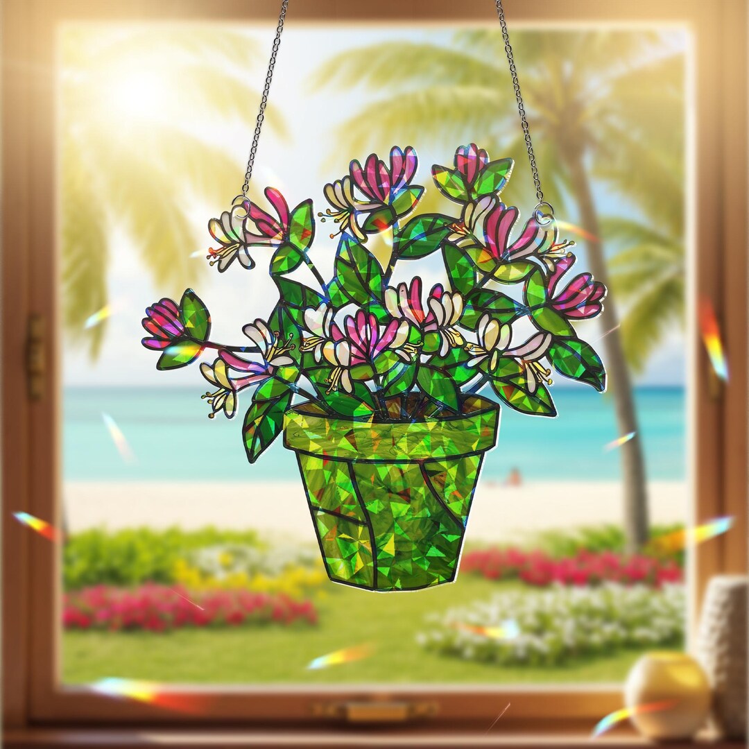 Honeysuckle Pot Flower Acrylic Window Hanging | June Birth Month Flower ...