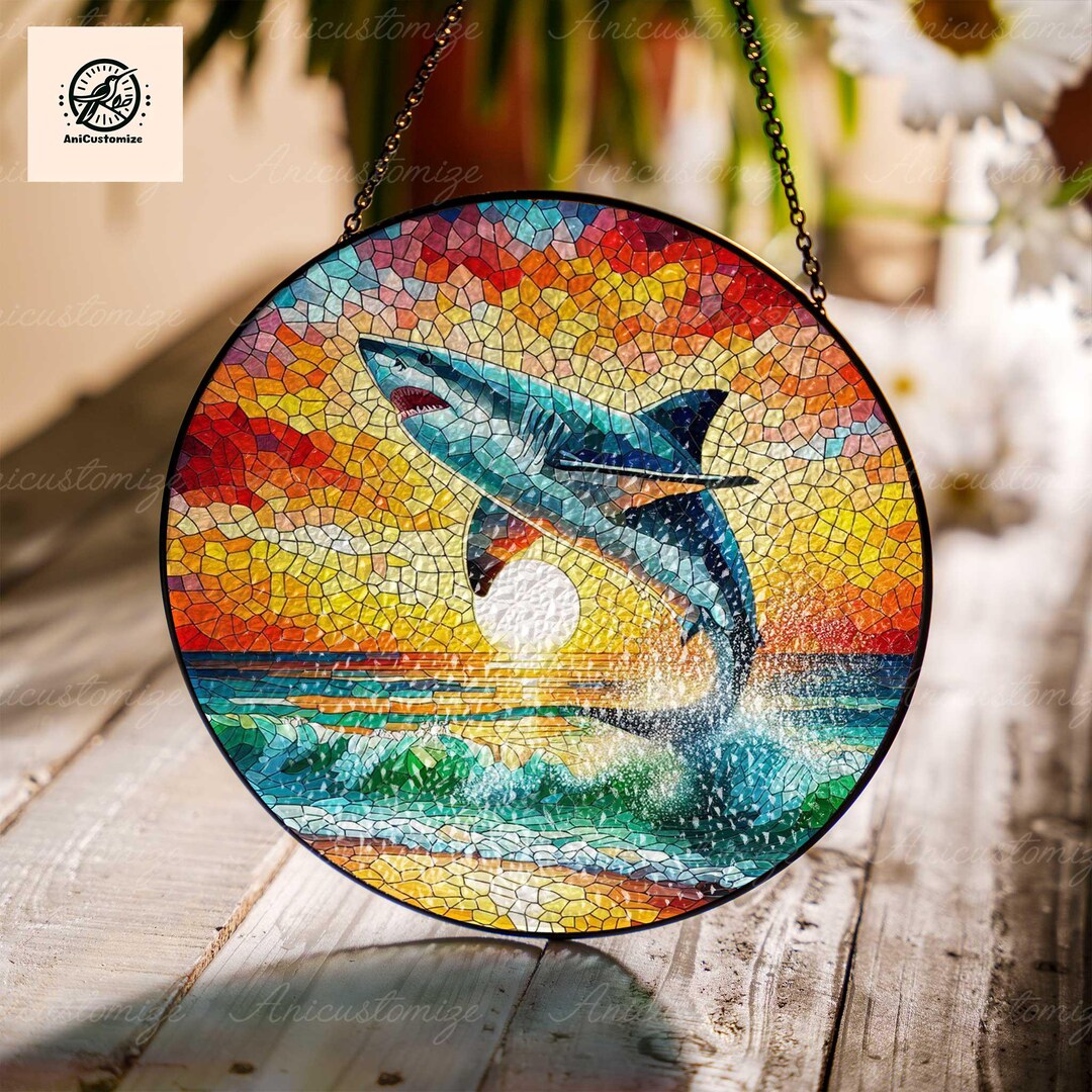 Shark GLASS Suncatcher, Shark Lover Decor, Sunset Beach Decor, Ocean ...