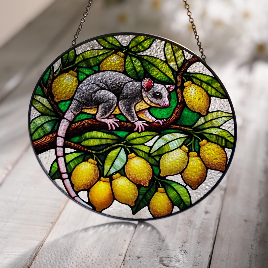 Funny Possum on Lemon Branch Tree STAIN GLASS, Possum on Tree Decor ...