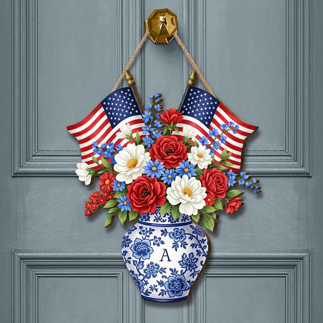 Patriotic Door Sign, 4th of July Floral Wall Hanging, Wooden USA Decor ...