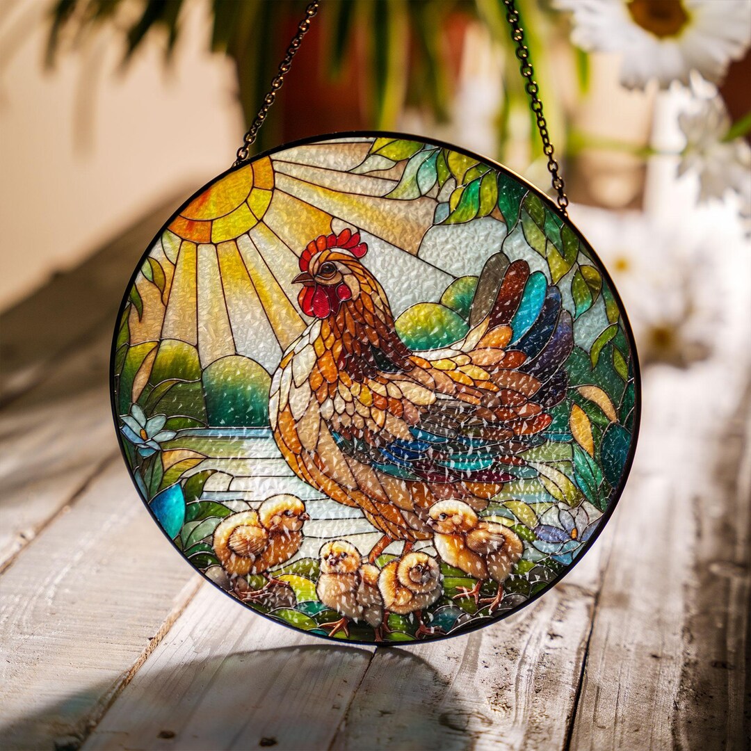 Hens and Chicks Suncatcher, Chickens GLASS, Rooster Window Hanging ...