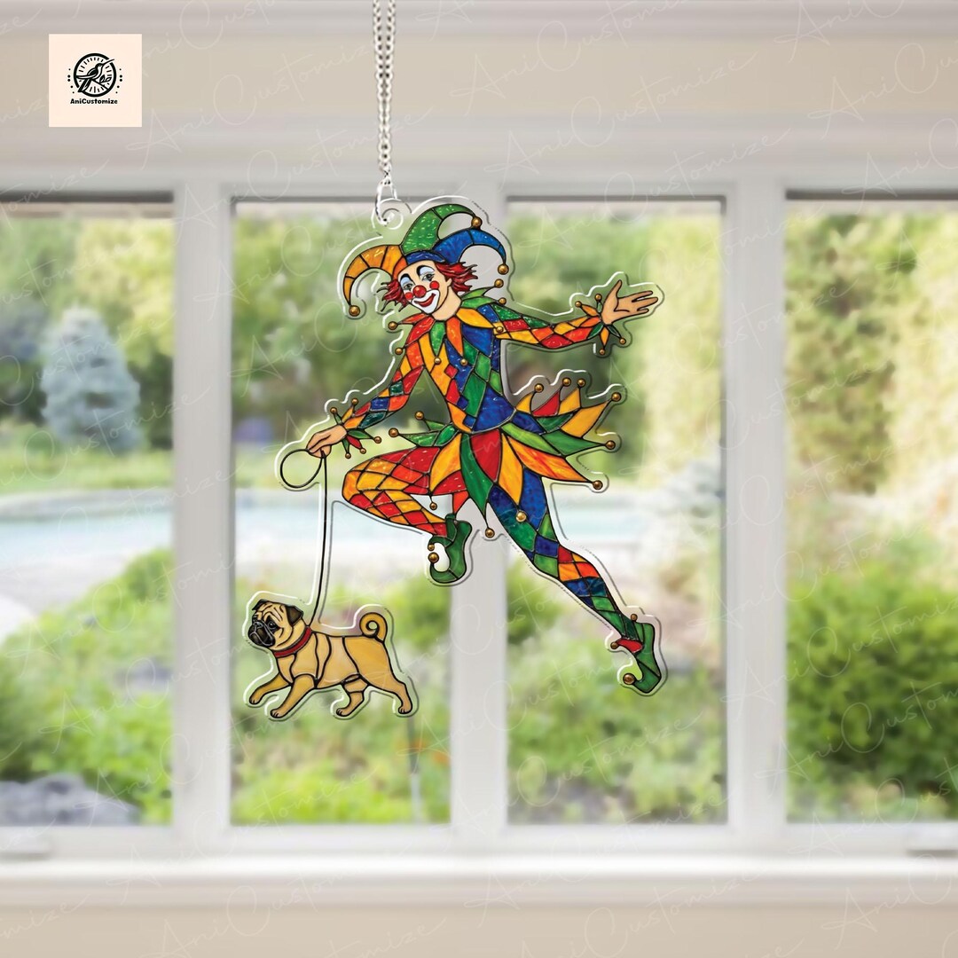 Jester Walking Pug Dog ACRYLIC Window Hanging, Funny Jester and Pug Dog ...