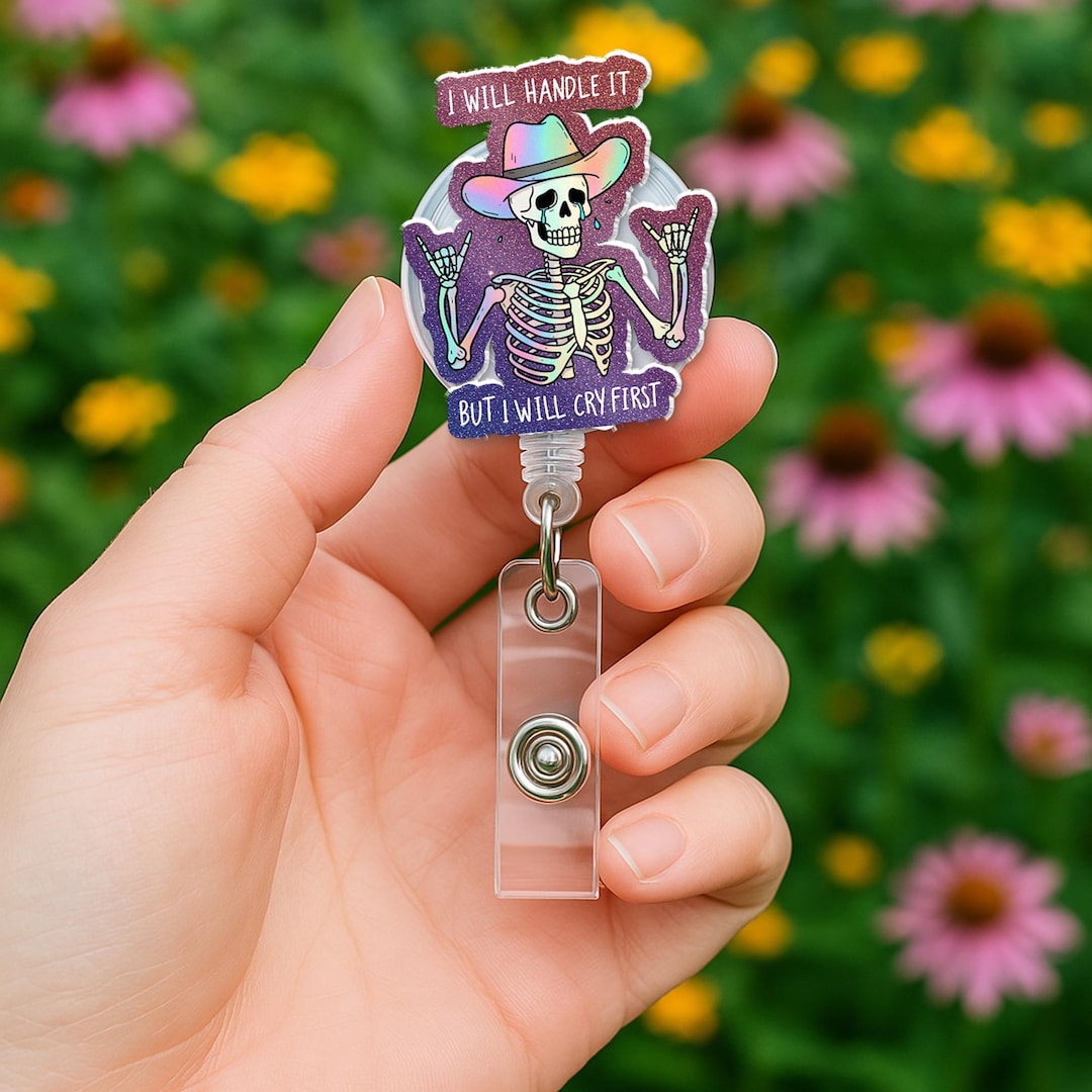Cowboy Skeleton Badge Reel, Funny Crying Skeleton ID Holder, Pastel ...
