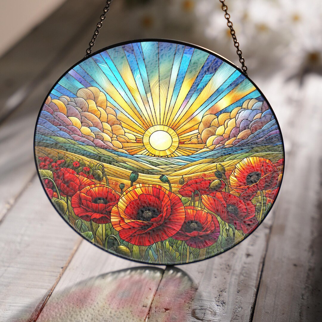 Field of Poppies STAINED GLASS SUNCATCHER, Red Poppy Flower Artful Gift ...