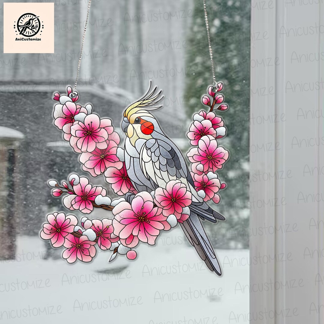 Cockatiel on Pink Cherry Branch ACRYLIC Window Hanging, Cockatiel ...