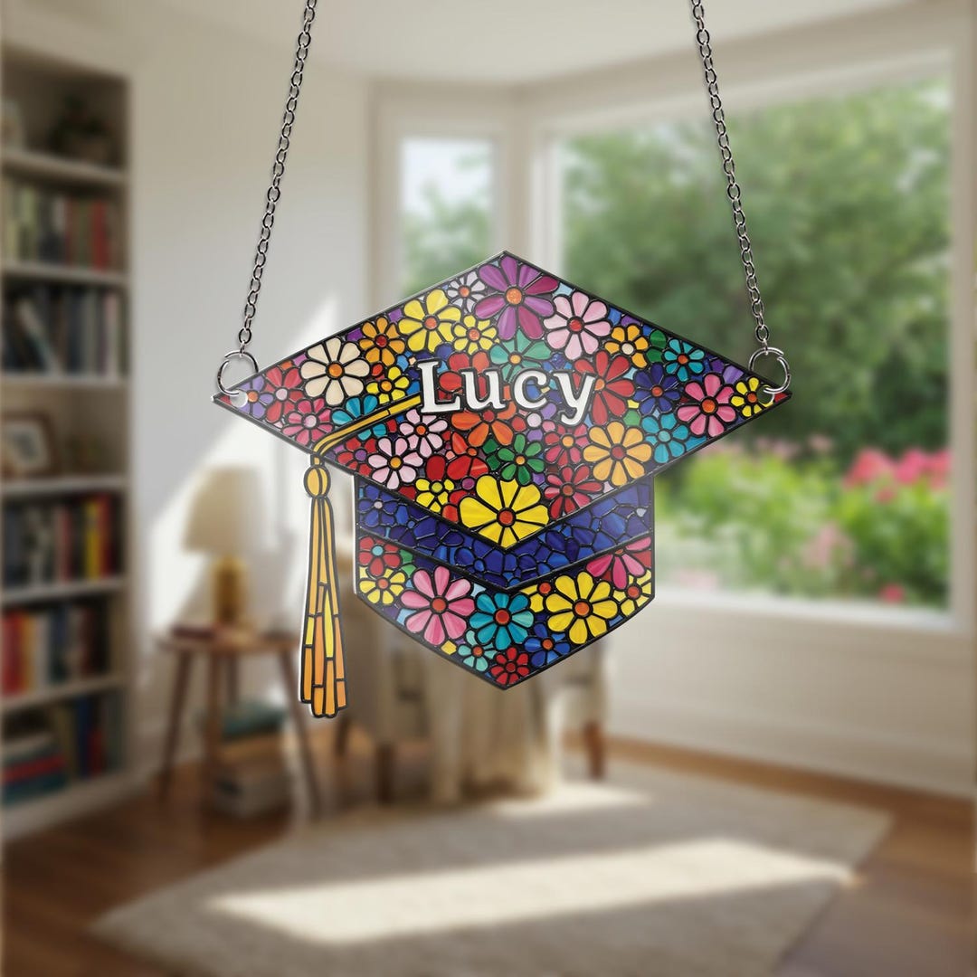 Floral Graduation Cap Acrylic Window Hanging, Custom Name Suncatcher ...