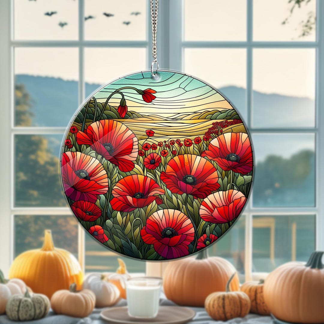 Red Poppy Flower Valley ACRYLIC Window Hanging, Floral Home Decor ...