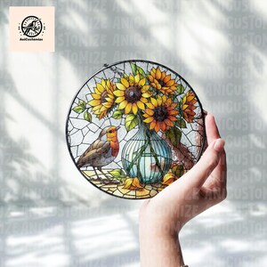 American Robin With Sunflower GLASS , Bird and Flower, Sunflower Decor ...