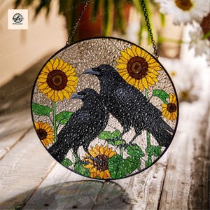 Black Raven Couple Among Sunflower GLASS Suncatcher, Raven Couple Decor ...