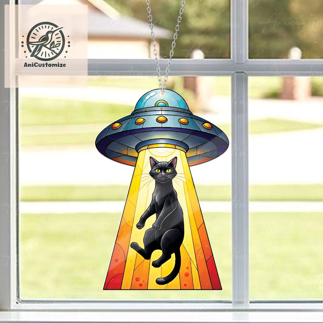 UFO Alien Black Cat ACRYLIC Window Hanging, Black Cat Funny Decor ...